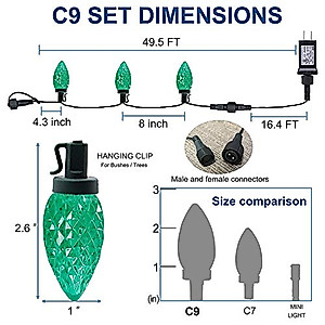 Twinkle Star C9 St Patricks Day String Lights, 50 LED 33ft Outdoor Fairy Lights with 29V Safe Adaptor, Extendable Green Wire String Lights for Holiday Patio Xmas Tree Wedding Party Decoration, Green