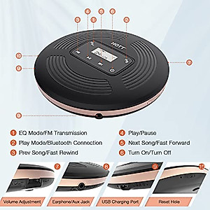 HOTT Portable CD Player with FM Transmitter,Rechargeable Bluetooth Portable CD Player with Touch Buttons,Walkman CD Player with AUX Cable,Shockproof CD Player for Home Travel