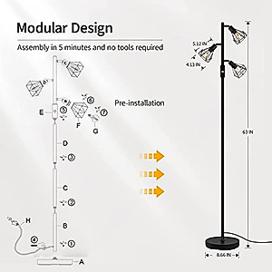 Floor Lamp, Industrial Floor Lamps for Living Room,Tree Standing Lamp Bright with 3 Charm Diamond Head 1200 Lumens Edison Bulbs LED,3 Way Switch,Modern Stand up Lamp for Bedroom Office Farmhouse