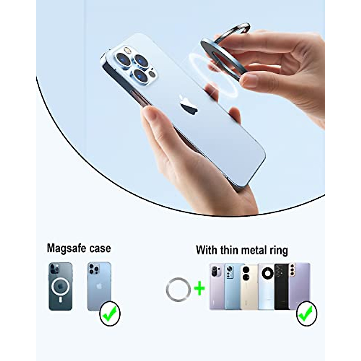 Phone Grip Neowic Magnetic Phone Ring Holder, Adjustable Cell Phone Kickstand, Removable Finger Holder, (with 2PC Ultra Thin Metal Ring for Phone Case/No Mag Phone), Black