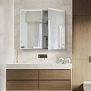 30x26 inch Double Door Medicine Cabinets with Mirror Silver Recessed Aluminum Bathroom Medicine Wall Cabinet 663Silver