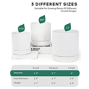 LaDoVita 3 Pack Ceramic Plant Pots 6/5/4 inch, Flowerpot for Indoor Plants with Drainage Holes and Tray, Outdoor Garden Planters, Modern Decorative for Home, White Vertical Stripes