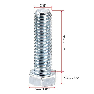 uxcell Hex Head Screw Bolts Carbon Steel 7/16”-14x1-1/2" Fastener Grade 5 UNC 10pcs