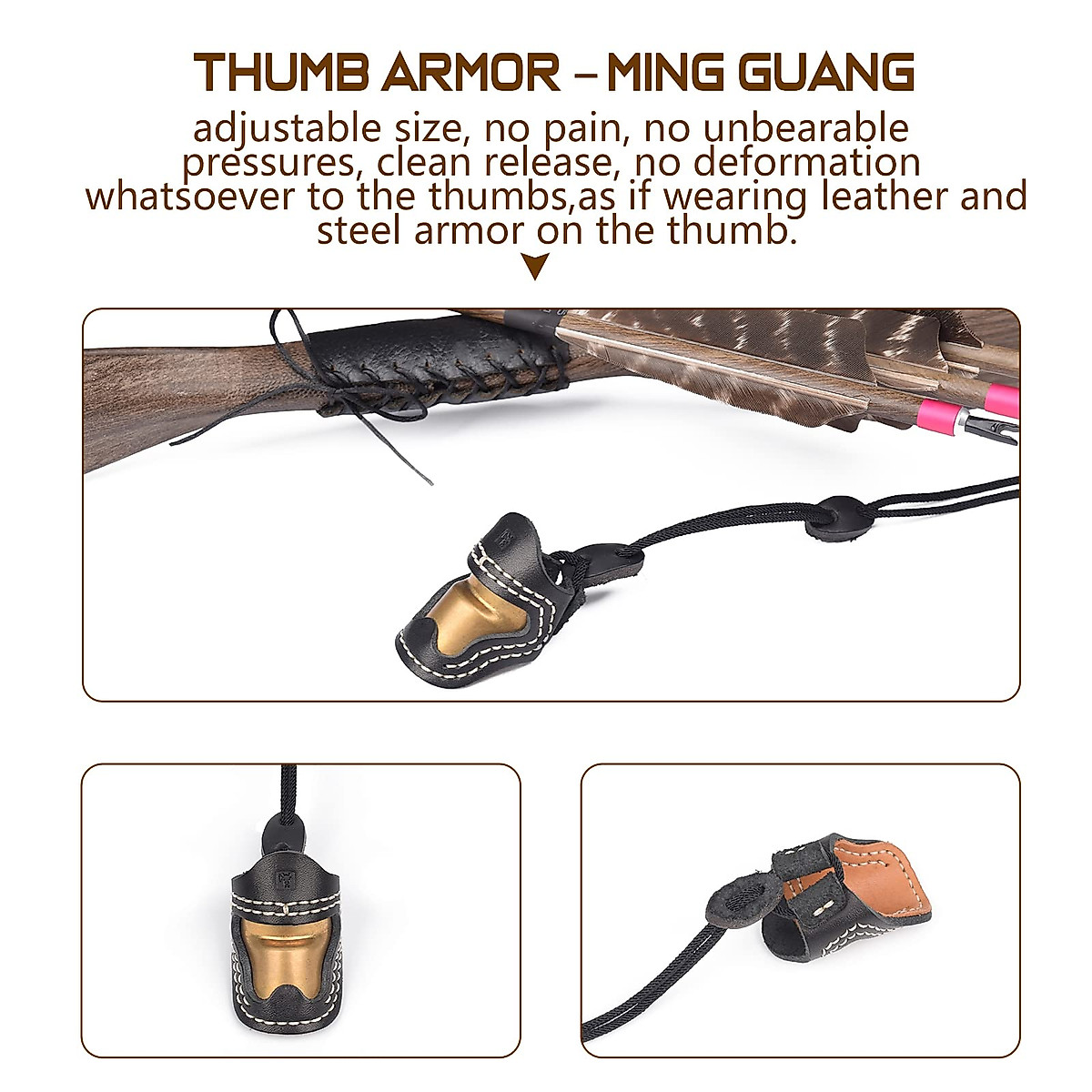 Elong Soft Leather & Brass Thumb Armor Ming Guang Archery Thumb Ring for Traditional Reurve Bow Finger Guard Protector Shooting Glove