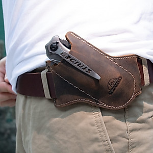 Topstache Handmade Leather Pocket Knife Sheath for Belt,EDC Belt Folding Man,Cross Draw Left Side Carry Open Top 5 inch Knife,DarkBrown