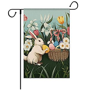 WODISON Easter Garden Flag, Colorful Eggs Flower Bunny Double Sided Printing, Decoration Banner For Yard House Outdoors Home, 12x18 Inch Burlap (Only Flag)
