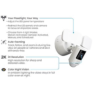 Lorex 2K Wi-Fi Floodlight Camera with Adjustable LEDs, Smart Motion Detection, 2-Way Talk, Color Night Vision, White