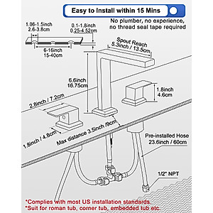 HEYMYTAP High Flow Bath Tub Faucet, Roman Bathtub Faucet Black Tub Faucet Set Solid Brass Soaking Tub Faucet 2 Handle Bathtub Faucets Deck Mount Quiet Longer Spout Reach 5.3 inch No Leaks