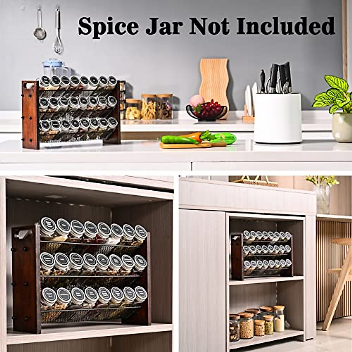 Roykoota Spice Rack, Spice Rack Organizer without Seasoning Jars, Wooden Spice Organizer, Rustic 3 Tier Kitchen Spice Rack Shelf for Cabinet, Countertop or Wall Mount