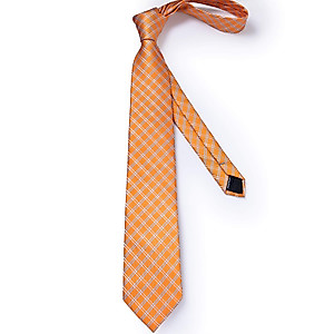 DiBanGu Silk Ties for Men Necktie and Lapel Pin Brooch Set Formal Woven Paisley Plaid Striped Solid Tie Wedding Party, Orange