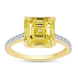 Jewel Zone US Asscher Cut Canary Yellow White Cubic Zirconia Ring in 14k Yellow Gold Over Sterling Silver