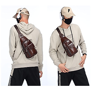 BULLCAPTAIN Mens Genuine Leather Sling Crossbody Bag Travel Casual Multi-pocket Chest Bag Hiking Backpacks (Brown)