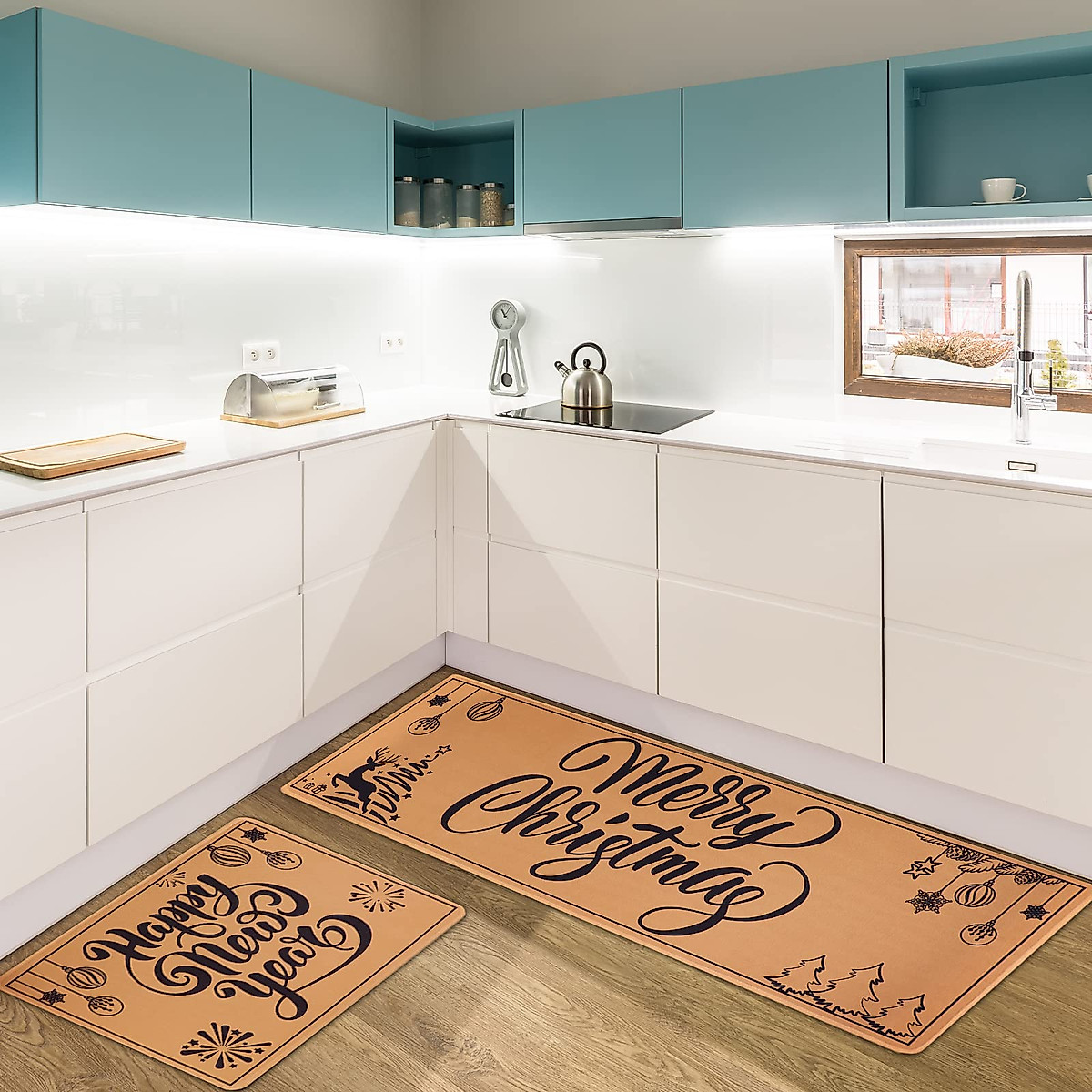 chiazllta Merry Christmas Kitchen Rugs Set of 2, Xmas Tree Reindeer Floor Rugs and Mats Happy New Year Christmas Decorations for Home Kitchen,15.7 x 23.6 and 15.7 x 47 inch