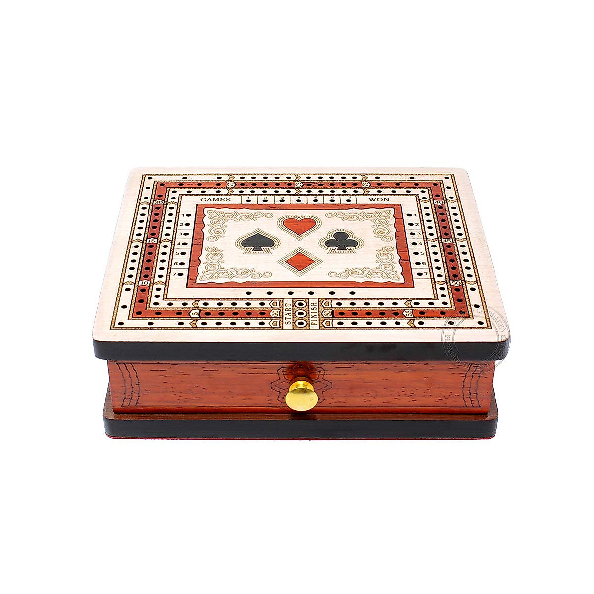 House of Cribbage - 3 Track - 60 Points Non-Continuous Travel Cribbage Board Inlaid in Maple Wood/Bloodwood - Size:6" x 5" - Storage Drawer for Cribbage Pegs & Playing Cards