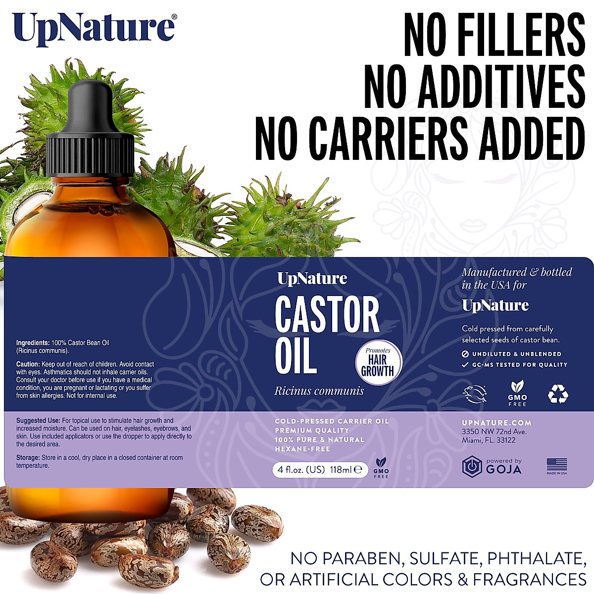 UpNature Castor Oil 4oz- 100% Pure for Hair, Eyelashes & Eyebrows- Cold Pressed, Hexane Free, Made in USA- Stimulate Hair Growth Moisturize Skin/ Scalp-12pc Treatment Kit w Spoolies Dropper