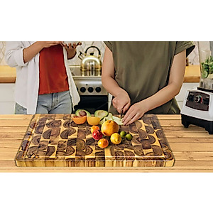 Cutting Board (17x13x1,5in) End Grain Cutting Board, Acacia Wooden Cutting Board, Butcher Block, Chopping Board - Reversible Multipurpose For Kitchen with Juice Groove, Cracker Holder & Inner Handles.