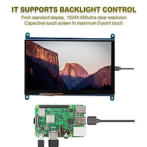 Zopsc 7 Inch LCD Display Screen Ultra HD Capacitive with 1024x600 Resolution for Raspberry Support for Raspbian/Ubuntu/Kodi/IOT