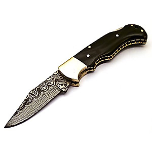 Skokie Knives Custom Hand Made Damascus Steel Hunting Folding Knife Handle Bull Horn