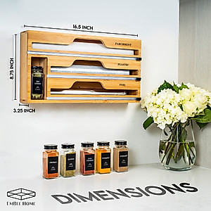 EmBee Home 4-in-1 Bamboo Wrap Organizer Dispenser with Storage for Kitchen Drawer - Compatible with Aluminum Foil, Plastic, and Paper Rolls "12 and "15 Rolls - Slider and Labels Included