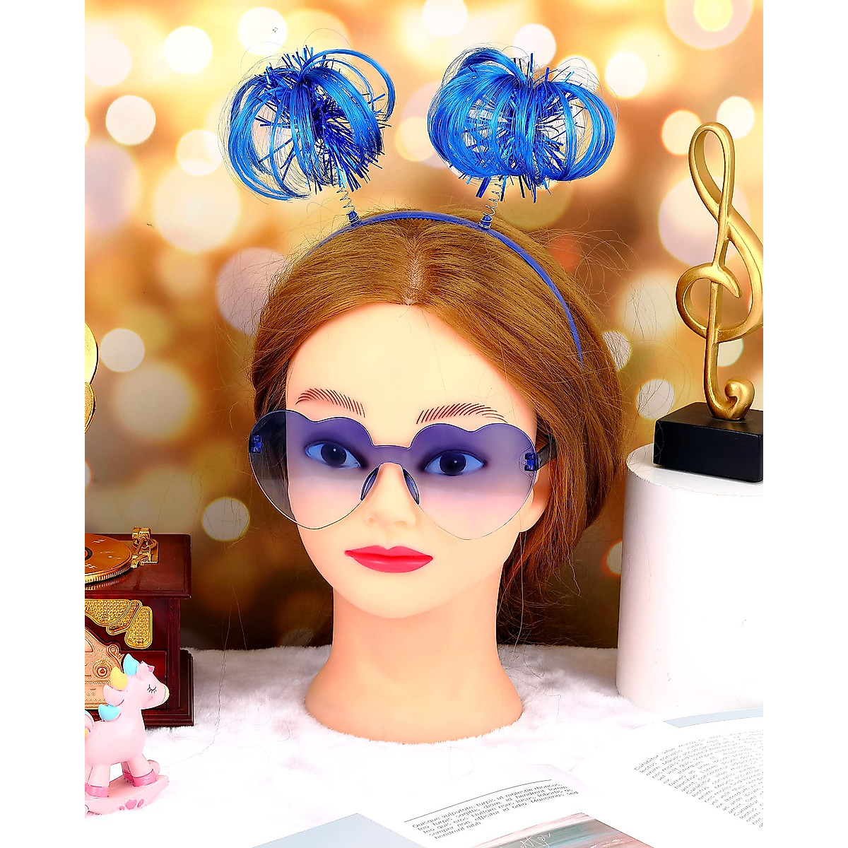 12 Pcs Tinsel Wrapped Ponytails Headband with Heart Shape Sunglasses Costume Party Faux Feather Headwear Bopper for Festival(Blue)