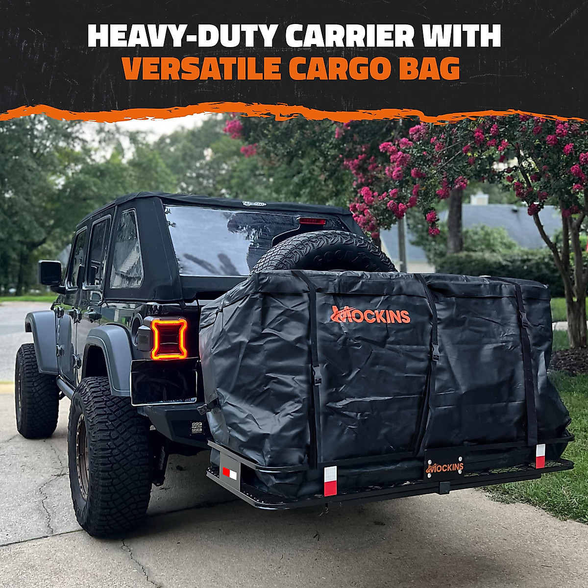 Mockins 60"x24"x6" Folding Trailer Hitch Cargo Carrier w/ 25 CuFt. Cargo Hitch Carrier Bag | 500 Lbs. Cap Weatherproof Steel Luggage Rack for SUV/Car & Vinyl Soft-Shell Car Carrier Cargo Bag