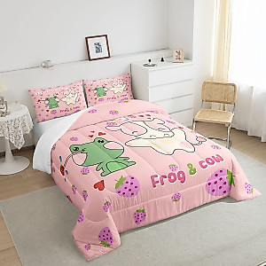 Erosebridal Cute Cow Frog Bedding Set Pink Strawberry Bedding Comforter Sets Cow Print Duvet Insert Animal Theme Quilted Comforter 3 Piece with 2 Pillow Sham, Cartoon Style Room Decor Kids Girls Boys