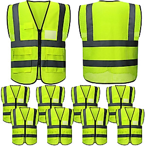 10 Pack Reflective Safety Vests with Pockets and Zipper, High Visibility Mesh Construction Vest for Men Women, Breathable Neon Working Vest for Outdoor Running Cycling Walking at Night One Size