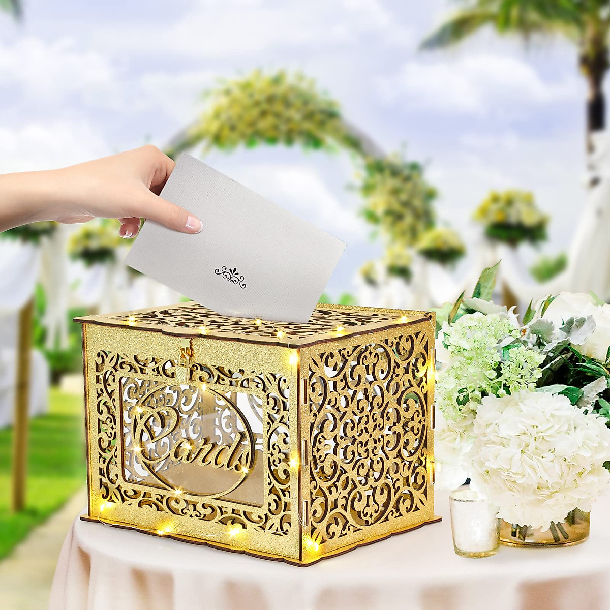 Gold Wedding Card Box with Lock and LED Fairy Lights, Glittery Wooden Gift Card Boxes Money Box Holder For Wedding Reception, Bridal Shower, Rustic Graduation Party, Keepsake Party Favor, Anniversary