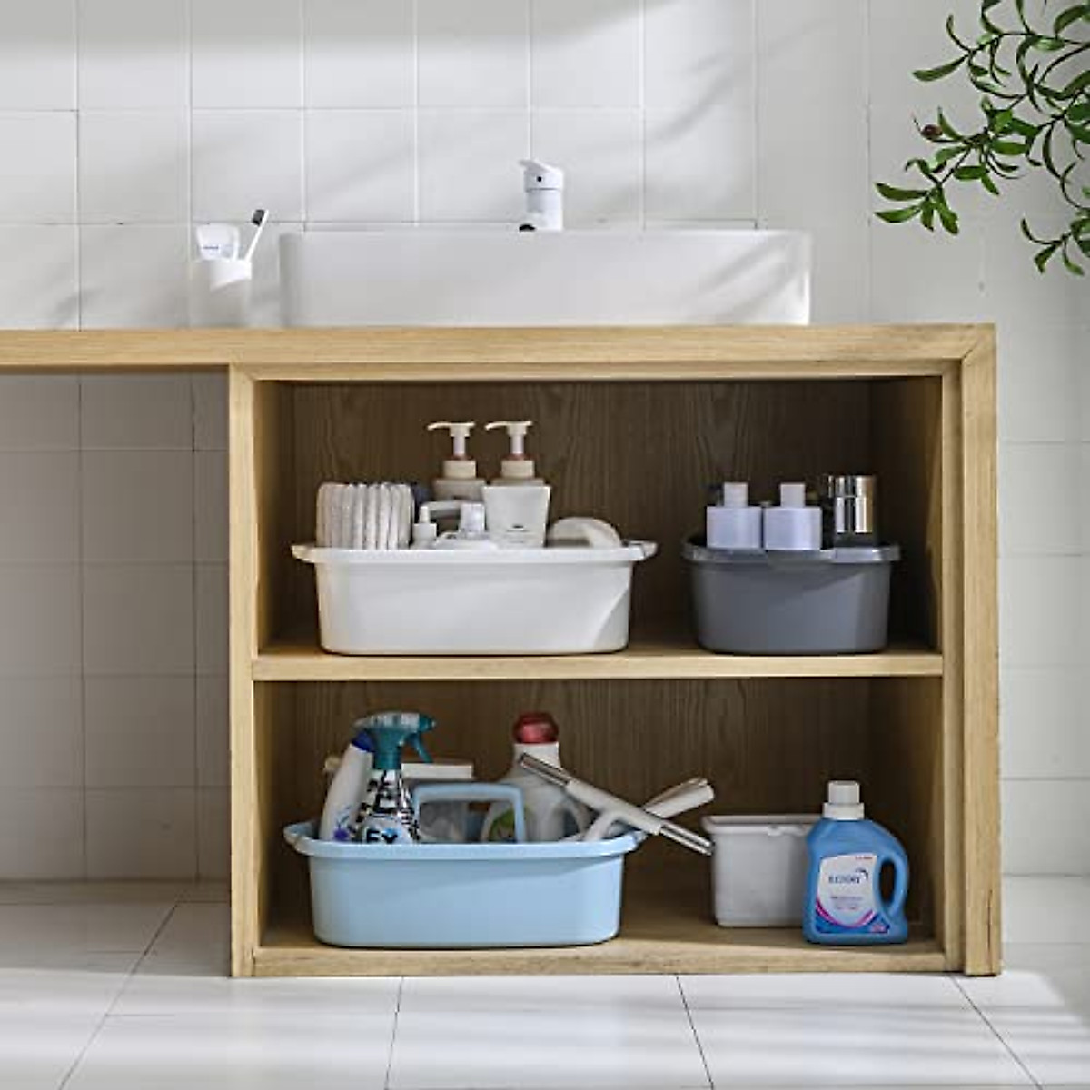 Haundry Large Cleaning Caddy with Handle, Cleaning Tool Storage Basket Organizer, Sturdy Pail Bucket Organizer, Household Bucket for Cleaning Supplies - Gray