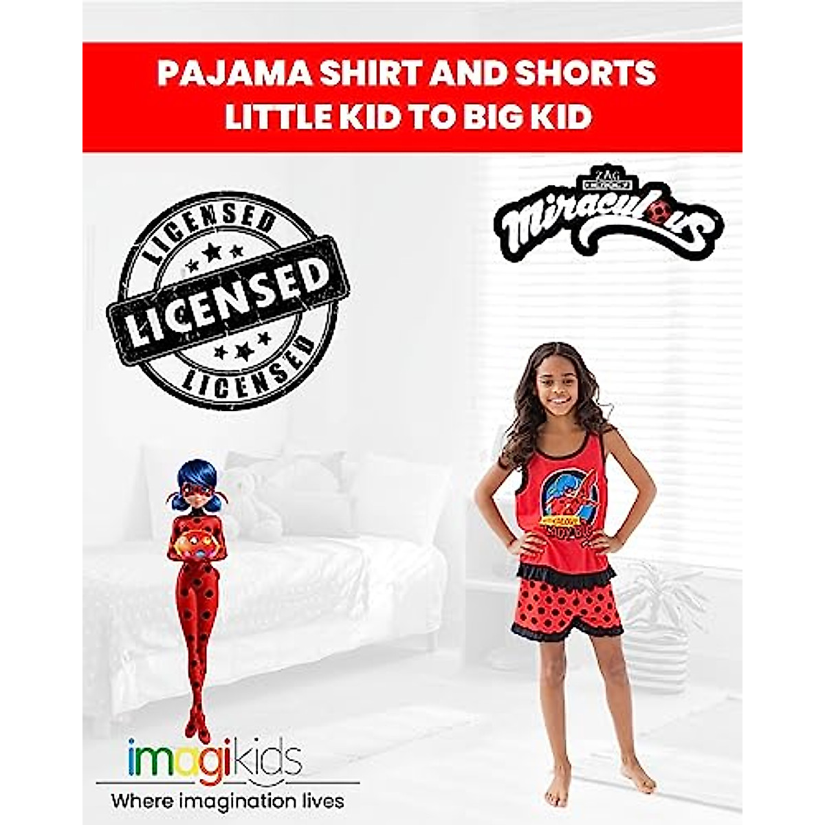 Miraculous Ladybug Little Girls Pajama Shirt and Shorts Polka Dots Red 7-8