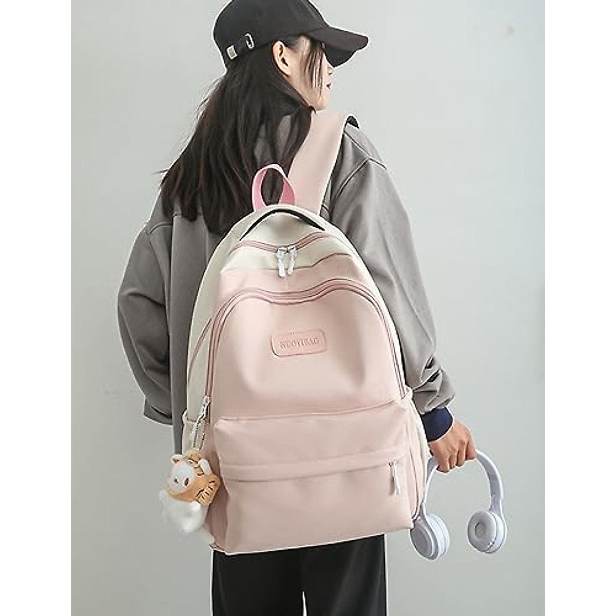 ZEnaha Cute Aesthetic Backpack Kawaii Backpack Classic Backpack for Women Laptop Bag Preppy Large-capacity Stitching Backpack (Pink)
