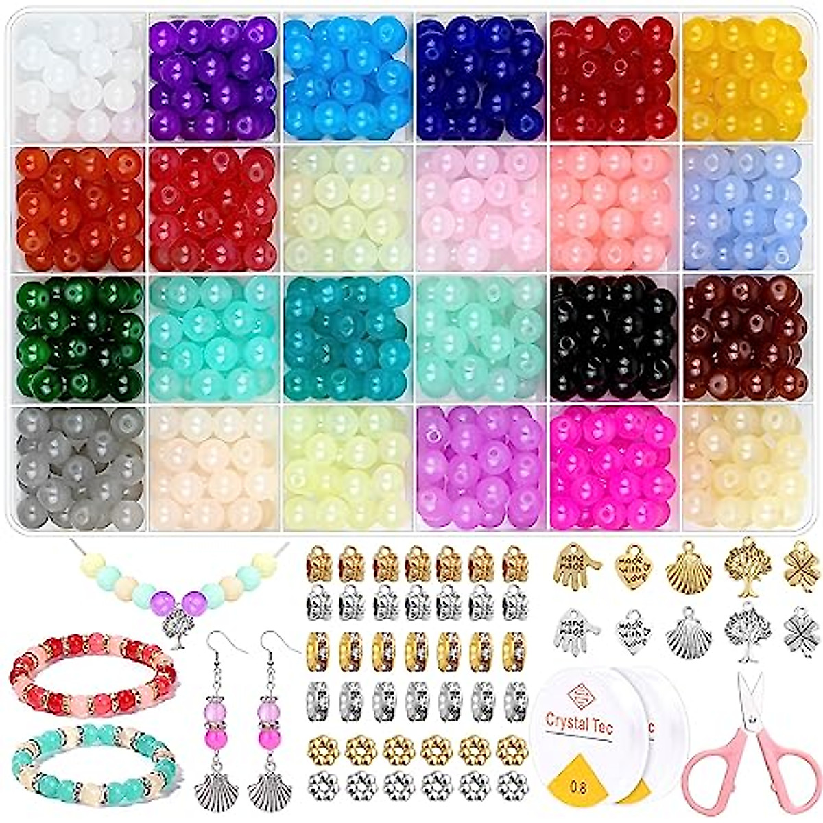 shynek 753 Pieces Glass Beads Bracelet Making Kit, 24 Color Glass Beads for Jewelry Making with Spacer Beads, Bail Tube Beads, Charms and Elastic String for Bracelets