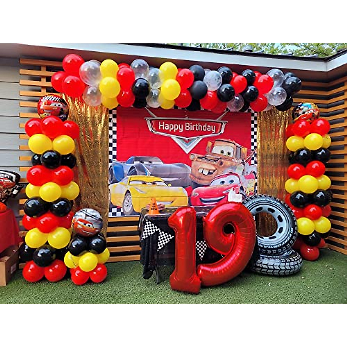 GYA 7x5ft Cartoon Racing Mobilization Birthday Themed Backdrops Racing Flag Black White Grid Red Photo Backgrounds for Photography Party Banner Photo Booth Props