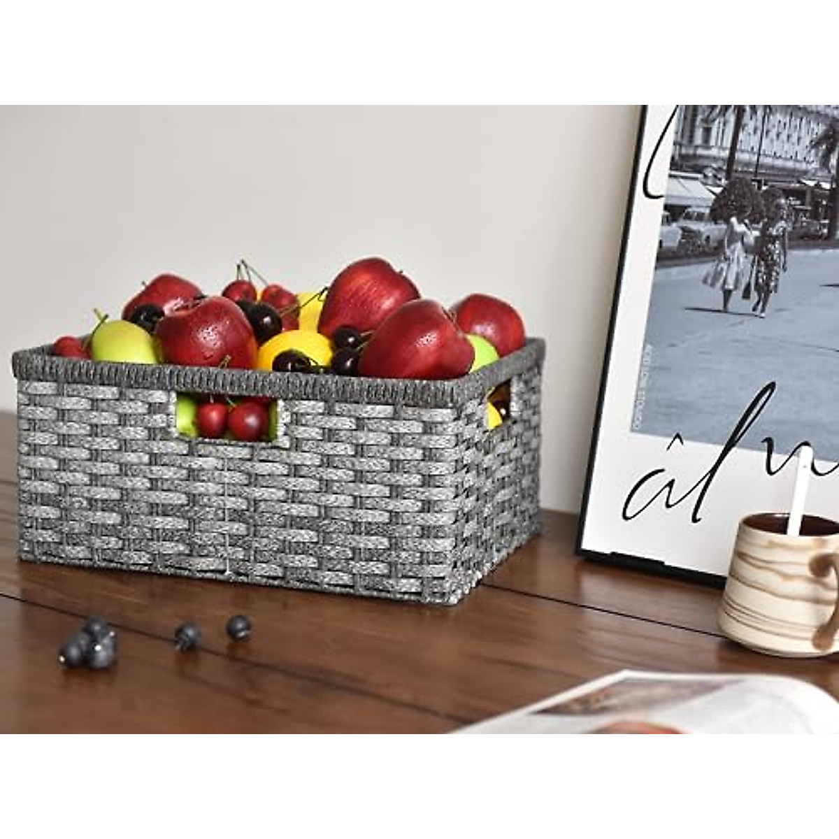 Labcosi Large Wicker Basket, Plastic Wicker Storage Basket, Wicker Storage Basket for Bathroom, Plastic Storage Bin with Built-in Handles, Grey, 15 "L x 11 "W x 6.75 "H, 1 Pack