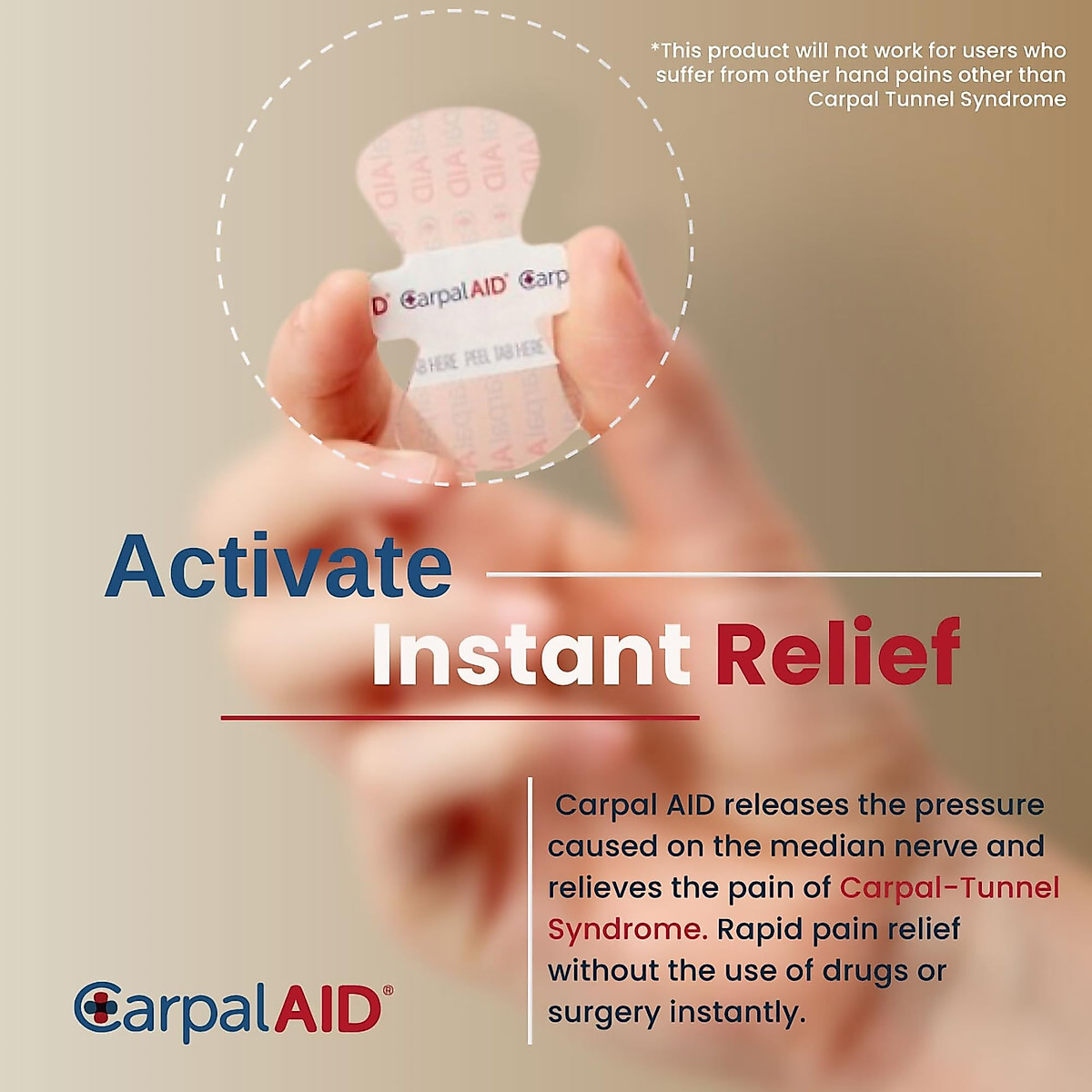 CarpalAid Hand Patch Carpal Tunnel Relief - Quick Pain Relief for Carpal Tunnel Syndrome, Wrist Pain, Medical-Grade Adhesive Strip, One Size Fits Most, 6 Count