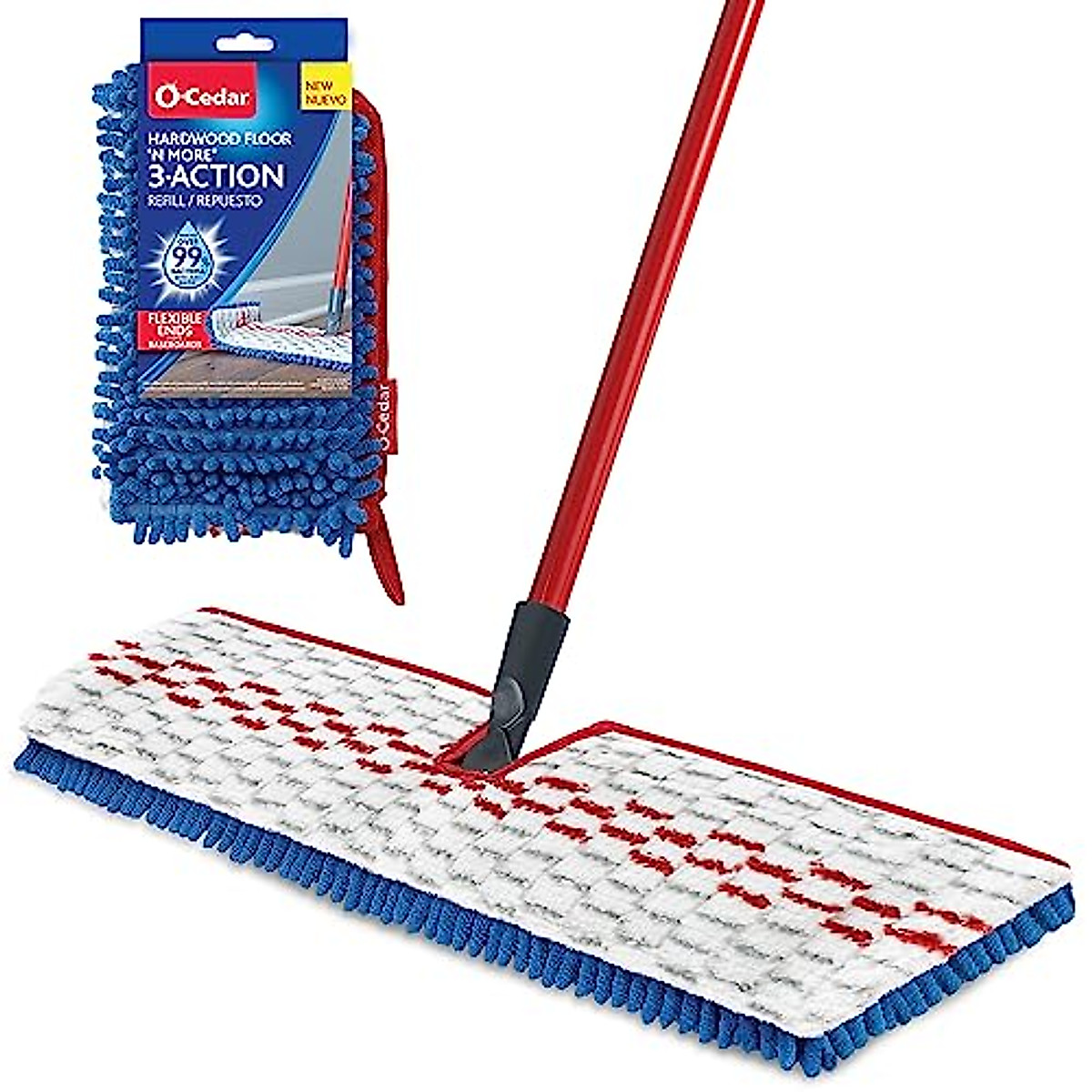 O-Cedar Hardwood Floor 'N More 3-Action Mop with 1 Extra Refill | Microfiber Mop with 3pc Handle | Use Wet or Dry, Red
