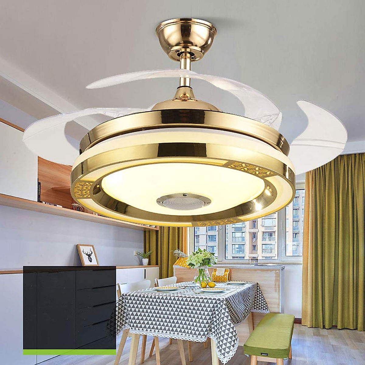 TFCFL 42'' Modern Music Ceiling Fan with Light, Invisible Smart Chandelier Fan with Bluetooth Player Remote Control 4 Retractable Blades 3 Colors for Dining Room Bedroom (Gold)