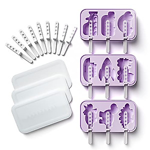 Homemade Popsicle Molds Shapes, Silicone Popsicles Molds 3 Pcs, Ice Cream Molds for Adults Kids Food Grade Ice Molds with Reusable Plastic Sticks, Dinosaur Rocket Car Shape Popsicle Maker (Purple)