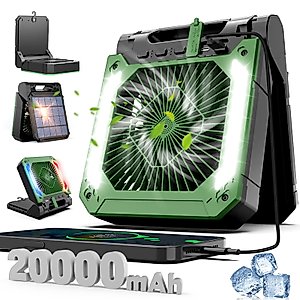 Rechargeable Camping Fan Battery Operated Powered Fan Portable, 90° Foldable Personal USB Desk Fan with Oil Port/Timer/LED Light/Hanging Hook, Solar Panel Fan Table For Camp Power Outage（20000mAh）