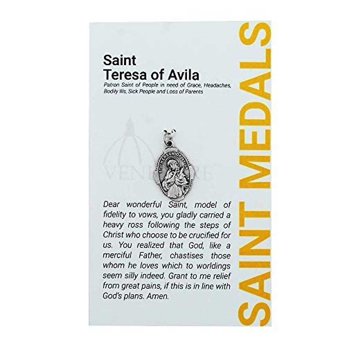 1" Saint and Holy Subject Medal with Prayer Card | Over 25 Different Saints | Durable and Detailed Charm | Pendant Medal Carded with Prayer | Christian Jewelry (St. Teresa of Avila)