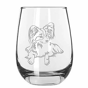 Papillon Dog Etched 15.25oz Stemless Wine Glass