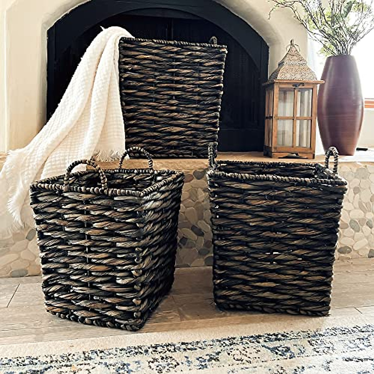 Artera Oversize Wicker Storage Basket - Set of 3 Woven Water Hyacinth Blanket Baskets with Handle, Natural Nesting Floor Storage Bins for Living Room, Bedroom or Laundry Room (Style 1)