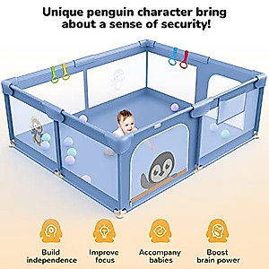 Baby Playpen for Babies and Toddlers, 71 x 59 inch Extra Large Baby Fence with Unique Little Penguin Character Design, Li'l Pengyu Soft Breathable Mesh Baby Playard for Indoor & Outdoor (Blue)