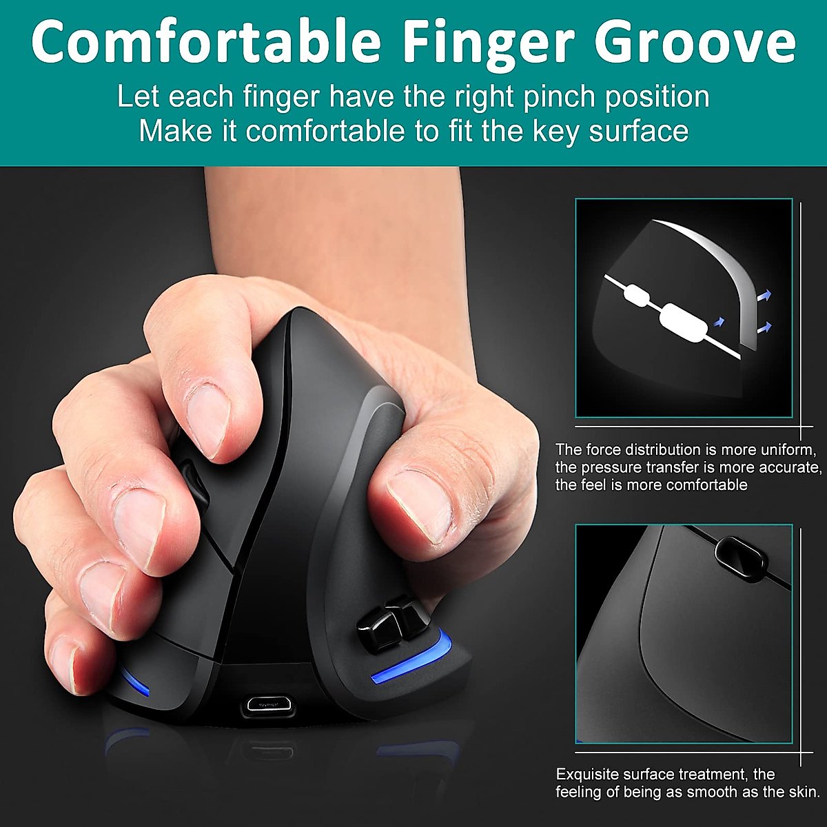 TRELC Wireless Mouse Tri-Mode (BT 5.0/3.0+2.4GHz), Ergonomic Vertical Mouse with 3 Adjustable DPI, Rechargeable Optical Wireless Mouse for 3 Devices, 7 Buttons for PC, Desktop, Laptop, Tablet (Black)
