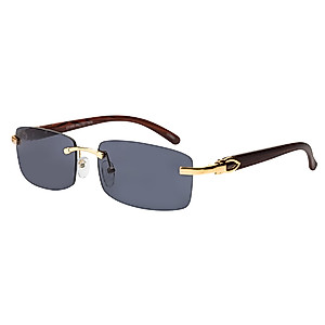 Elite Slim Rimless Rectangular Metal & Wood Art Aviator Sunglasses (2 PACK: Black - Blue)