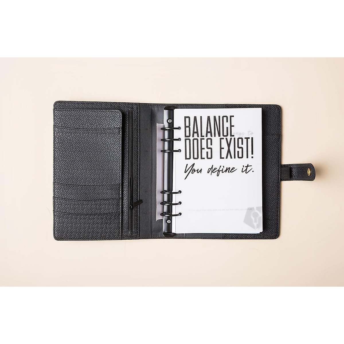 Ambition LTD Black Key Agenda, Woven A5 (5.8 x 8.3") sized planner, organizational tool, Black Matte 6 ring binder, Vegan Leather
