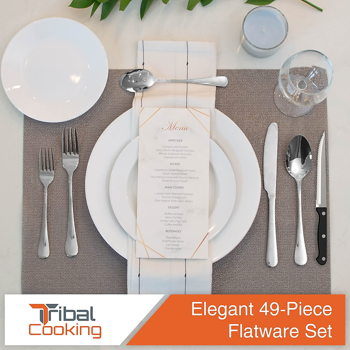 Tribal Cooking 48 Piece Silverware Set - Service for 8 - Stainless Steel Flatware serving set - Cutlery Set - Knives, Fork, and Spoon - Utensil sets - Dishwasher Safe - Stunning Polished Finish