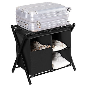 Heybly Luggage Rack with Laundry Bag,Steel Folding Suitcase Stand for Bedroom, Hotel, Foldable Steel Frame, Guest Room Bedroom Hote, 23.62" L x 15.57" W x 24.21" H, Black,HLR006B1