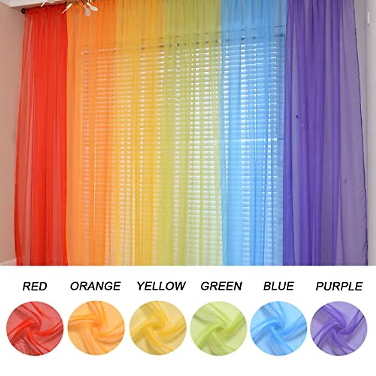 Yancorp 6 Panels Sheer Curtains Rainbow Window Decoration Voile Drapes 84 Inches Kids Girls Boys Party Favor Christmas Classroom Decor Kitchen Bedroom Backdrop(Rainbow,W40 x L84)