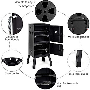 Giantex Outdoor Smoker with Double Doors, 2 Detachable Grill Netting Smoking Racks, Charcoal Pan & Water Pan, 4 Air Vents, Thermometer, Vertical Charcoal Smoker for Barbecue Camping Backyard Grill